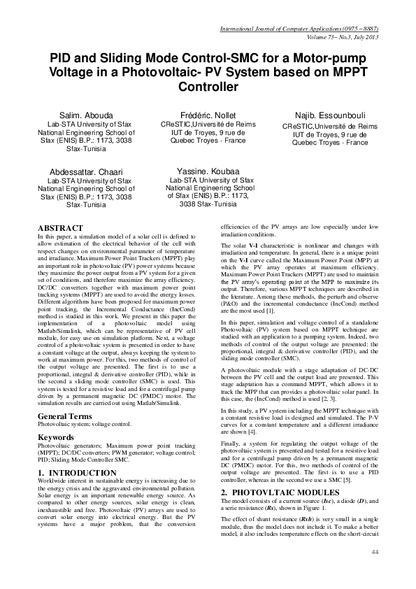 (PDF) PID and Sliding Mode Control-SMC for a Motor-pump Voltage in a Photovoltaic- PV System ...