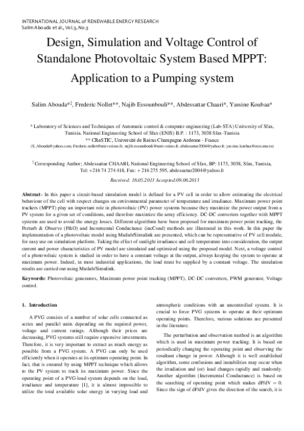 (PDF) Design, Simulation and Voltage Control of Standalone Photovoltaic System Based MPPT ...