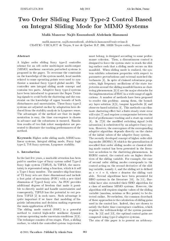 (PDF) Two Order Sliding Fuzzy Type-2 Control Based on Integral Sliding Mode for MIMO Systems