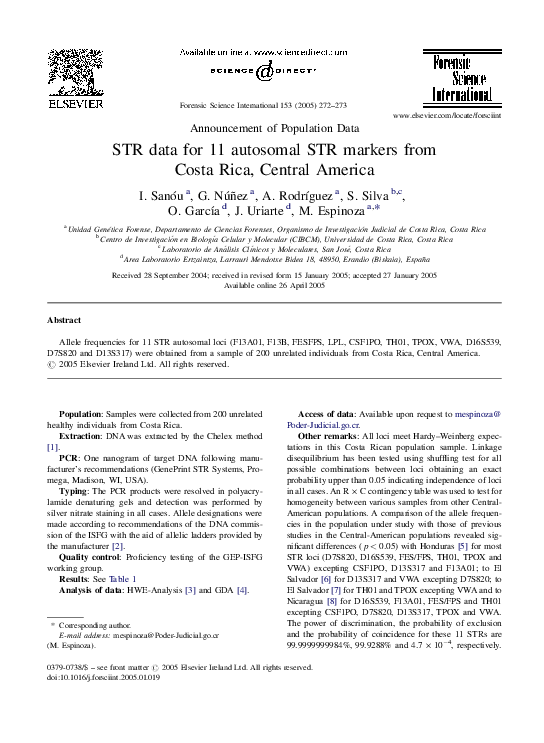 (PDF) STR data for 11 autosomal STR markers from Costa Rica, Central ...