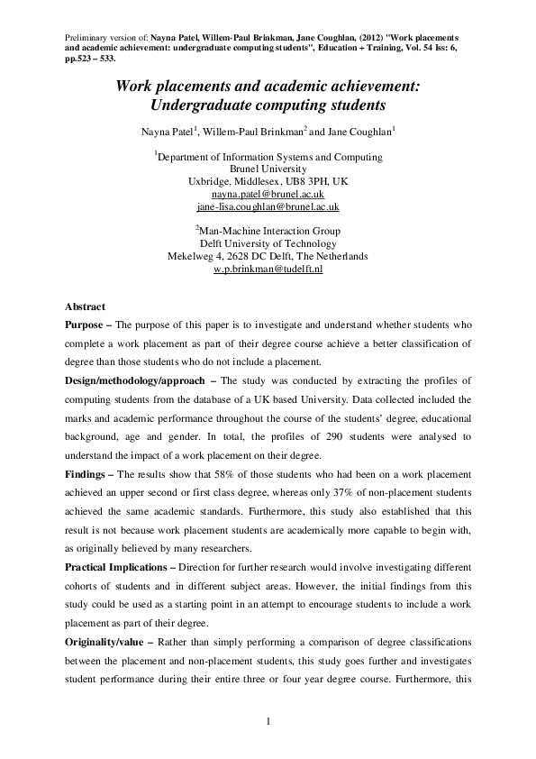 (PDF) Work placements and academic achievement: undergraduate computing ...