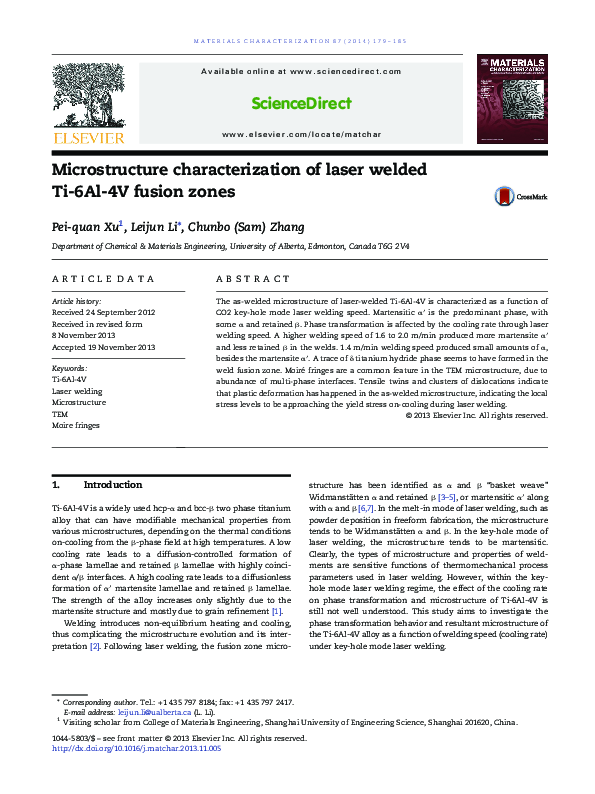 (PDF) Microstructure characterization of laser welded Ti-6Al-4V fusion zones
