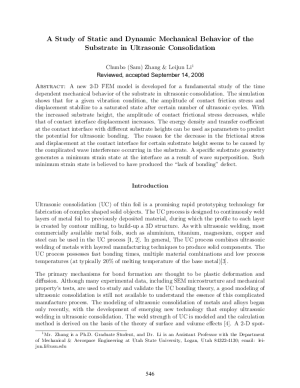 (PDF) A Study of Static and Dynamic Mechanical Behavior of the Substrate in Ultrasonic Consolidation
