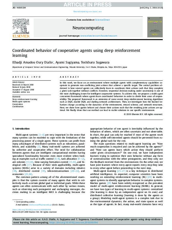 (PDF) Coordinated behavior of cooperative agents using deep reinforcement learning