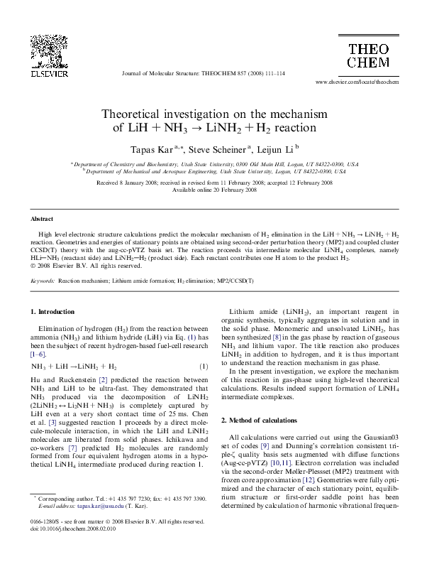 (PDF) Theoretical investigation on the mechanism of LiH+NH3→LiNH2+H2 reaction
