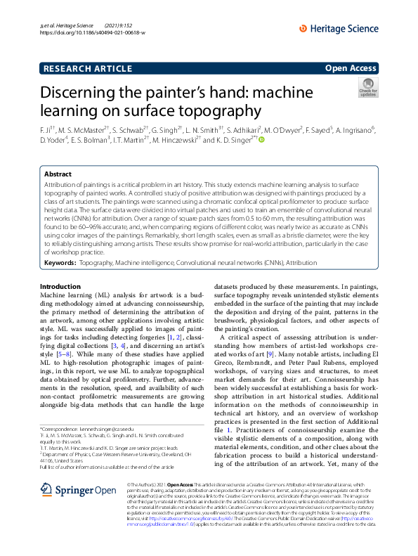 (PDF) Machine Learning for Art Attribution via Topography