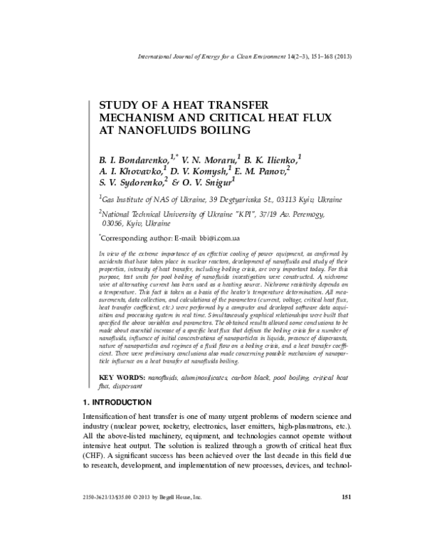 (PDF) Study of a Heat Transfer Mechanism and Critical Heat Flux at Nanofluids Boiling