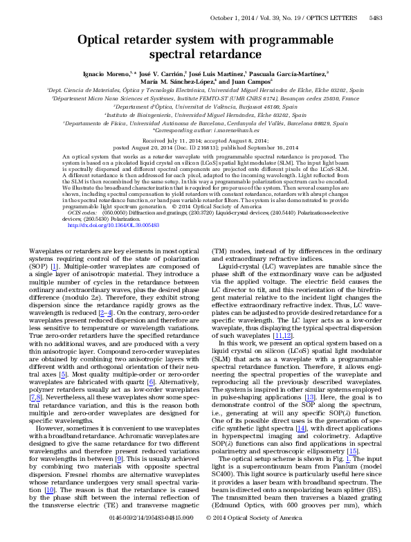 (PDF) Optical retarder system with programmable spectral retardance