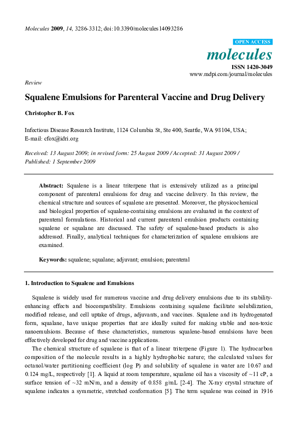 (PDF) Squalene Emulsions for Parenteral Vaccine and Drug Delivery