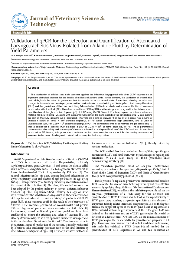 Pdf Validation Of Qpcr For The Detection And Quantification Of Attenuated Laryngotracheitis