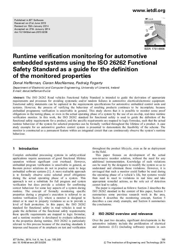 (PDF) Runtime verification monitoring for automotive embedded systems using the ISO 26262 ...