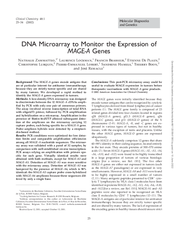 (PDF) DNA Microarray to Monitor the Expression of MAGE-A Genes