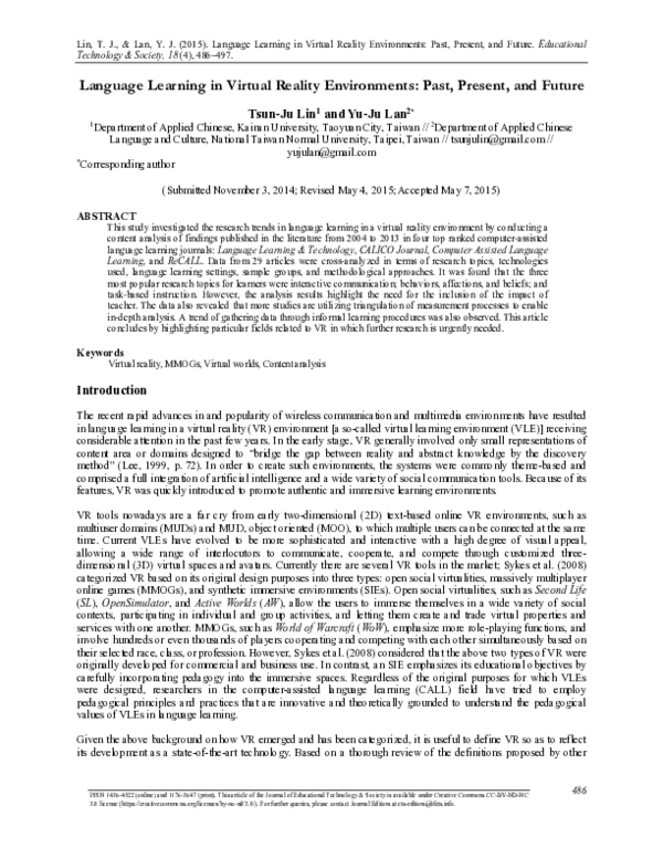 (PDF) Language Learning in Virtual Reality Environments: Past, Present, and Future