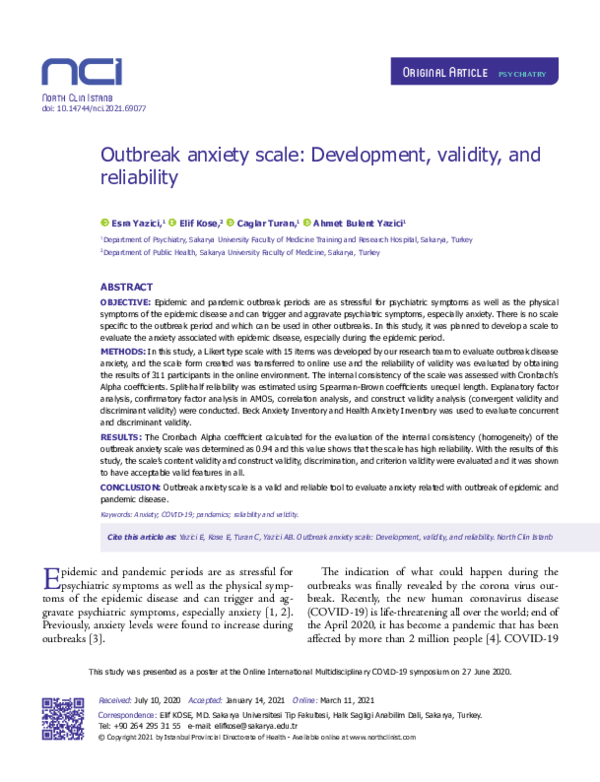 (PDF) Outbreak anxiety scale: Development, validity, and reliability