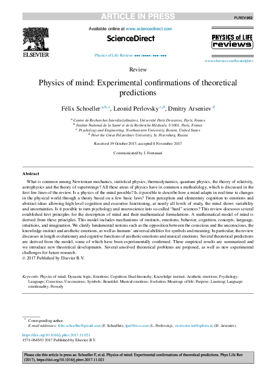 (PDF) Physics of mind: Experimental confirmations of theoretical predictions