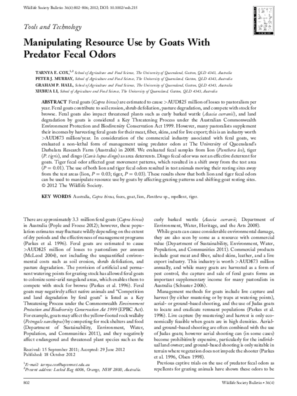 (PDF) Manipulating resource use by goats with predator fecal odors ...