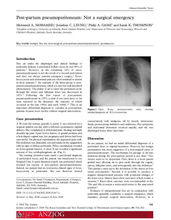 (PDF) Post-partum pneumoperitoneum: Not a surgical emergency | Mohamed ...