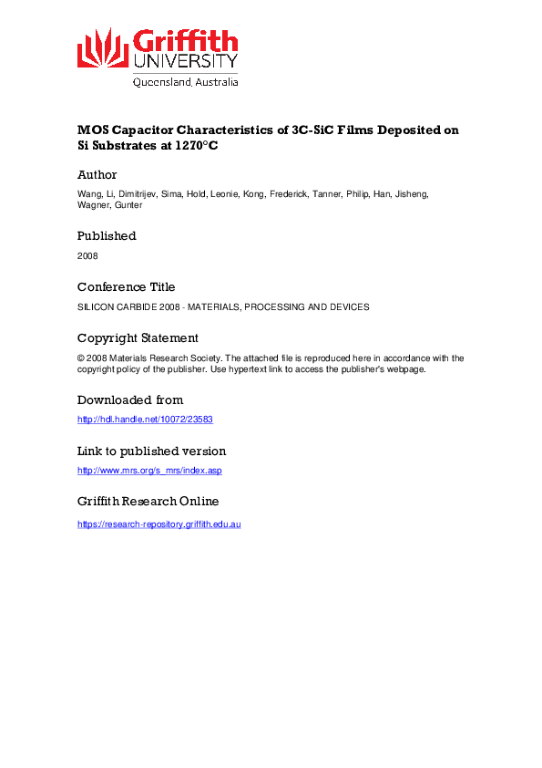 (PDF) MOS Capacitor Characteristics of 3C-SiC Films Deposited on Si ...