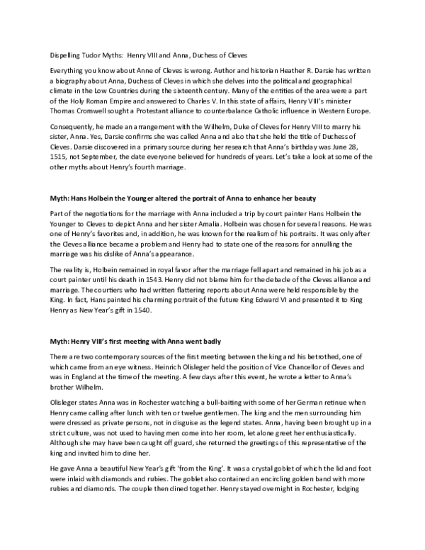 (DOC) Dispelling Tudor Myths: Henry VIII and Anna, Duchess of Cleves