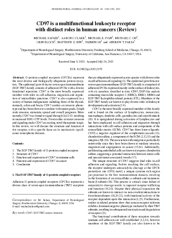 (PDF) CD97 is a multifunctional leukocyte receptor with distinct roles ...