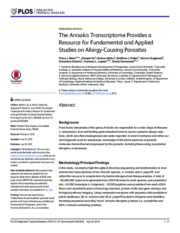 (PDF) Anisakis Transcriptome: Allergy Insights