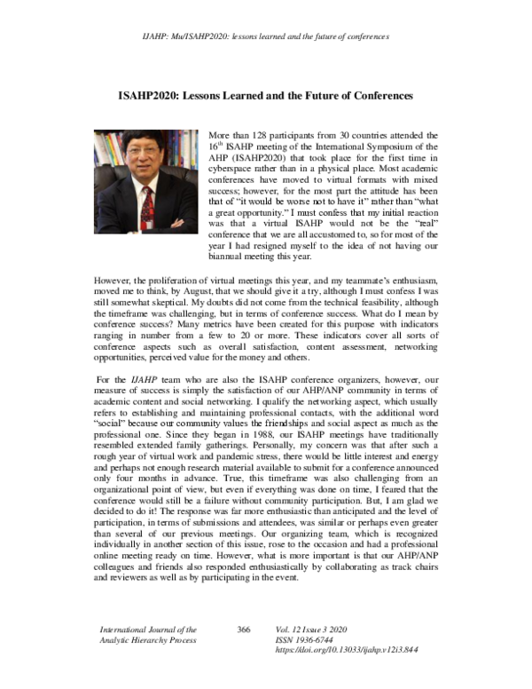 (PDF) ISAHP2020: Lessons Learned and the Future of Conferences