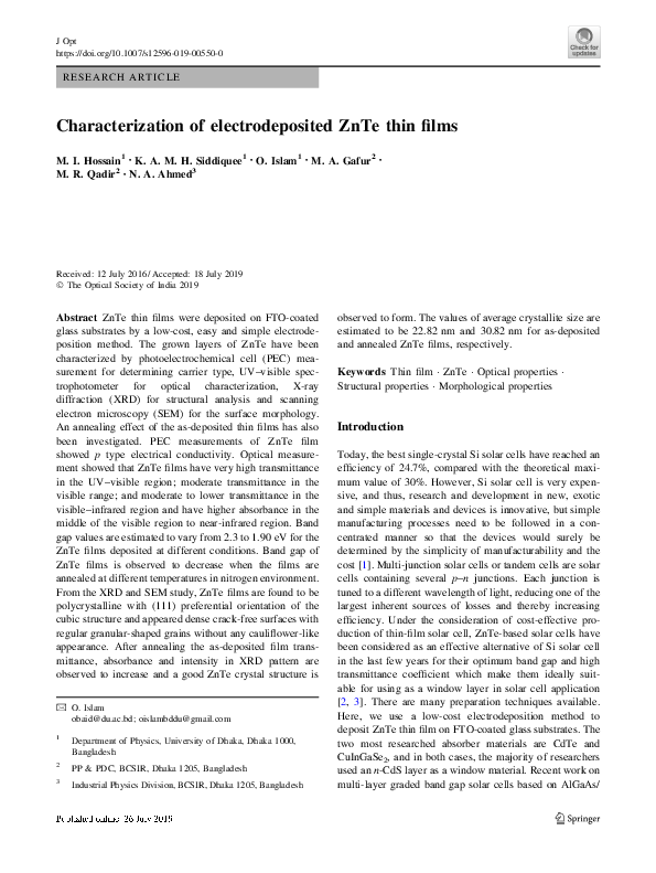 (PDF) Characterization of electrodeposited ZnTe thin films