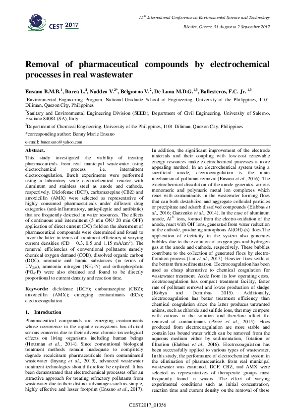 (PDF) Removal of pharmaceutical compounds by electrochemical processes in real wastewater
