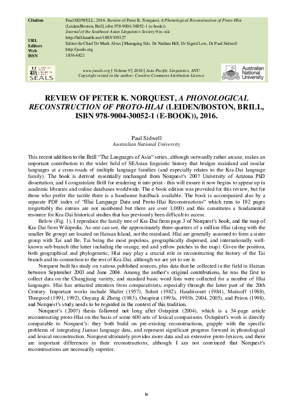 (PDF) Review of Peter K. Norquest, A Phonological Reconstruction of ...