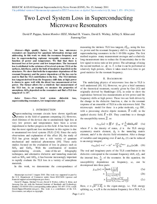 (PDF) Two Level System Loss in Superconducting Microwave Resonators