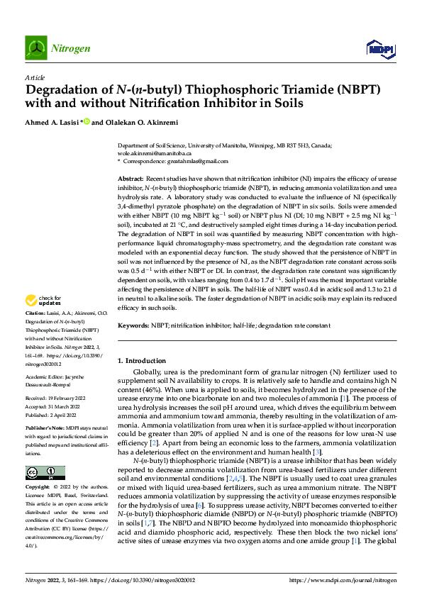 (PDF) Degradation of N-(n-butyl) Thiophosphoric Triamide (NBPT) with ...