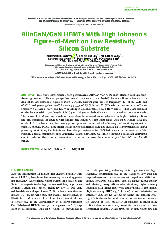 (PDF) AlInGaN/GaN HEMTs With High Johnson’s Figure-of-Merit on Low Resistivity Silicon Substrate