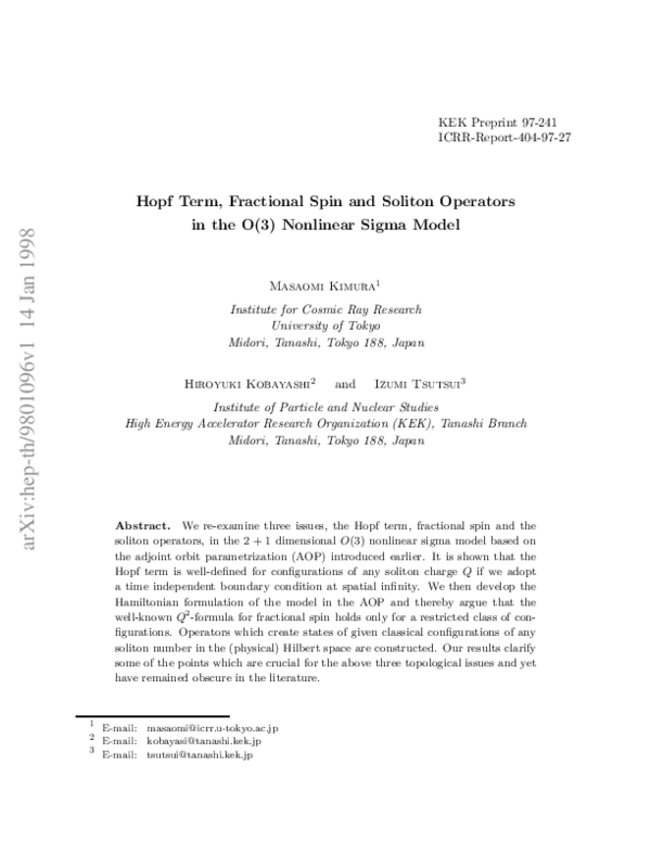 (PDF) Hopf term, fractional spin and soliton operators in the O(3) non-linear sigma model