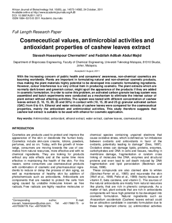 (PDF) Cosmeceutical values, antimicrobial activities and antioxidant ...