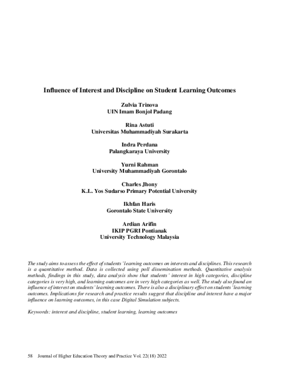 (PDF) Influence of Interest and Discipline on Student Learning Outcomes