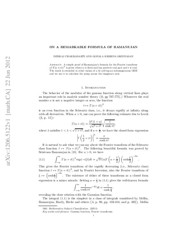 (PDF) A Remarkable Formula Of Ramanujan