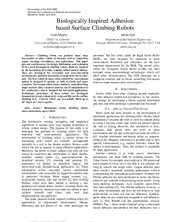 (PDF) Biologically Inspired Adhesion based Surface Climbing Robots