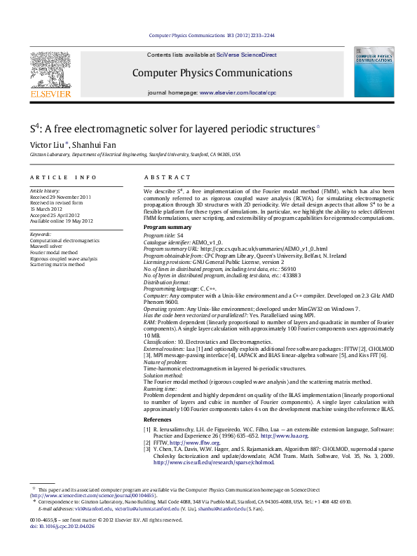 S4 A Free Electromagnetic Solver For Layered Periodic Structures