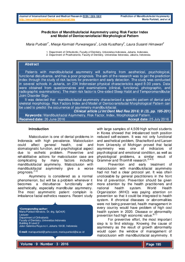 (PDF) Prediction of Mandibulofacial Asymmetry using Risk Factor Index ...