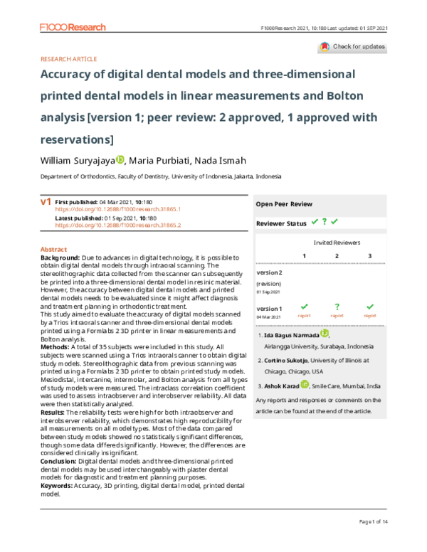 (PDF) Accuracy of digital dental models and three-dimensional printed dental models in linear ...