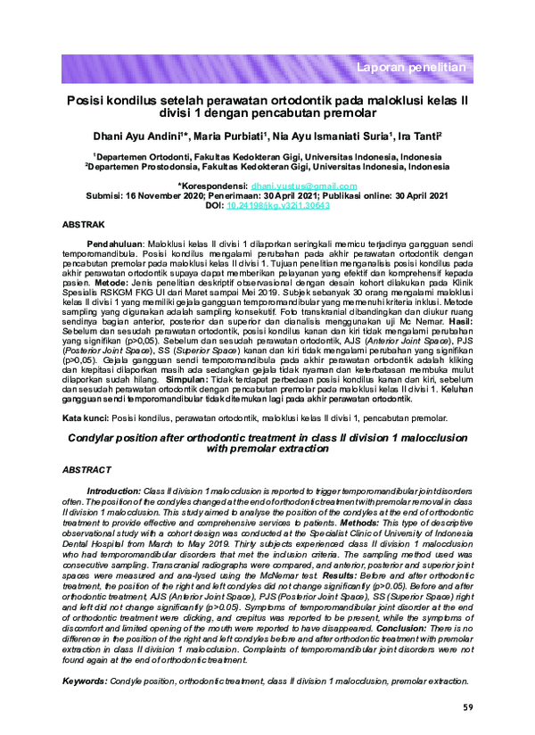 (PDF) Posisi kondilus setelah perawatan ortodontik pada maloklusi kelas ...