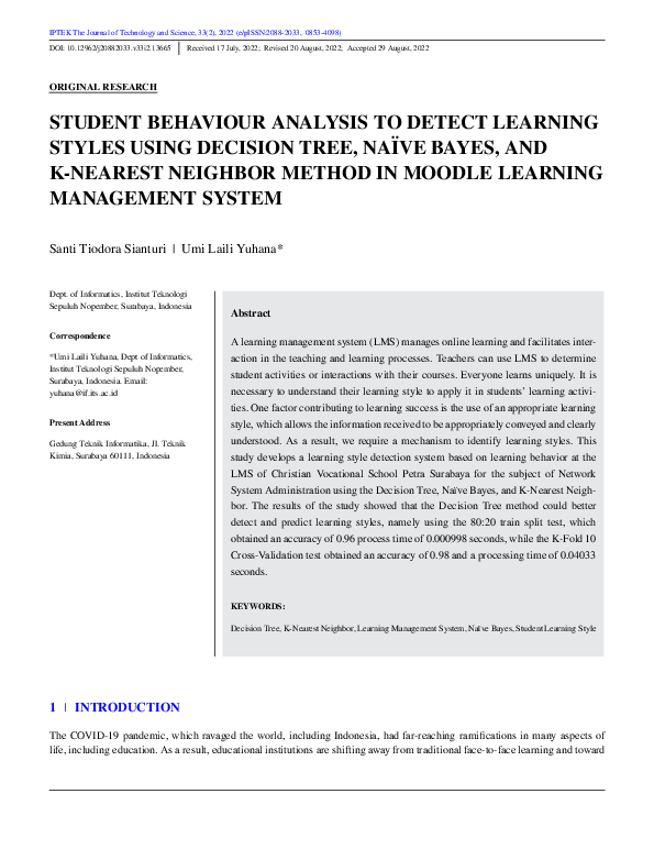 (PDF) Student Behaviour Analysis To Detect Learning Styles Using Decision Tree, Naïve Bayes, And ...