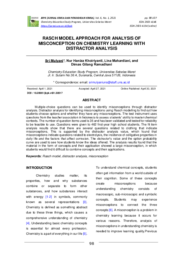 (PDF) Rash Model Approach for Analysis of Misconception on Chemistry Learning with Distractor ...