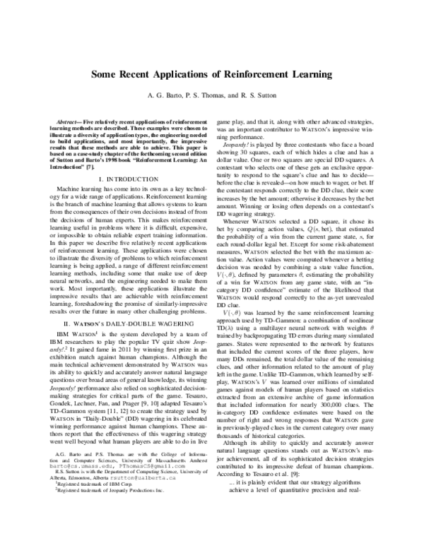 (PDF) Some Recent Applications of Reinforcement Learning