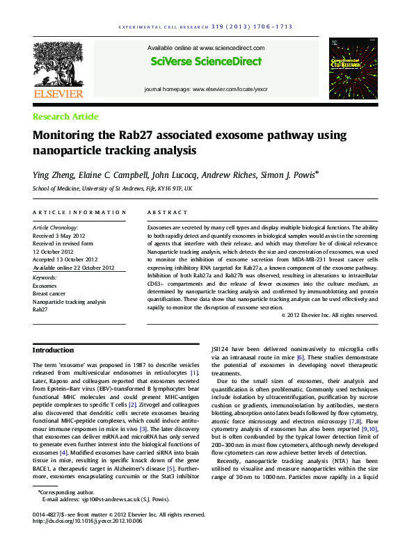 (PDF) Monitoring the Rab27 associated exosome pathway using ...