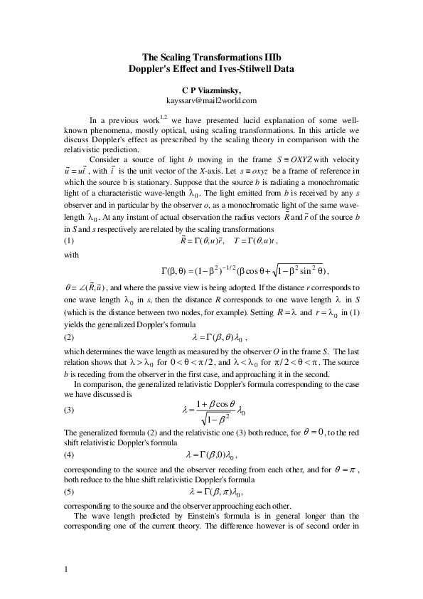(PDF) The Scaling Transformations IIIb Doppler's Effect and Ives-Stilwell Data