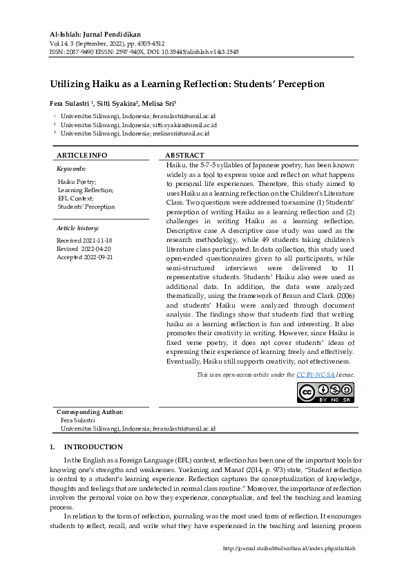 (PDF) Utilizing Haiku as a Learning Reflection: Students’ Perception