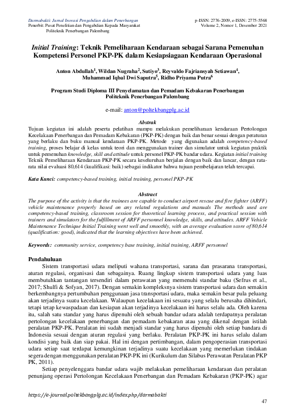 (PDF) Initial Training: Teknik Pemeliharaan Kendaraan PKP-PK Sebagai Sarana Pemenuhan Kompetensi ...