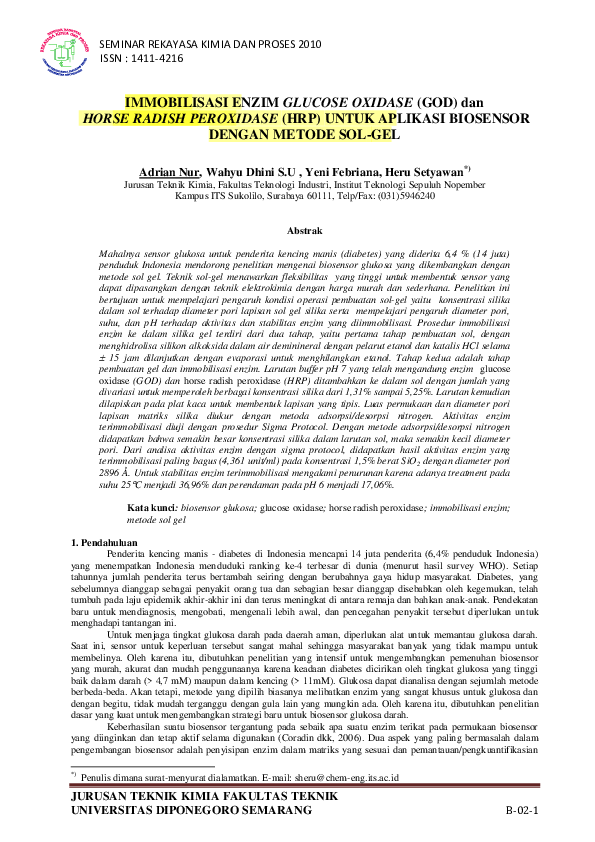 (PDF) IMMOBILISASI ENZIM GLUCOSE OXIDASE (GOD) dan HORSE RADISH PEROXIDASE (HRP) UNTUK APLIKASI ...