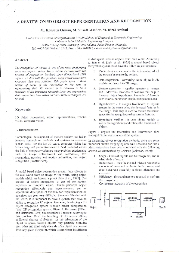 Pdf A Review On 3d Object Representation And Recognition